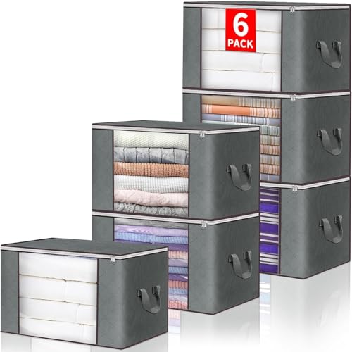 Budding Joy 4 Pack Blanket Storage Bins,Foldable Large Storage and Organization,Storage Bags for Clothing,Blanket,Comforter,Toys,Pillows,Home Organization with Lids and Handle,Grey