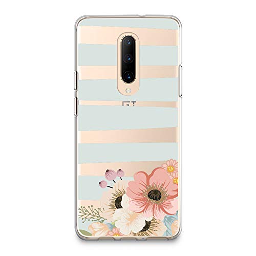 CasesByLorraine Compatible with OnePlus 7 Case, Striped Floral Flowers Clear Transparent Flexible TPU Soft Gel Protective Cover for OnePlus 7 (2019)
