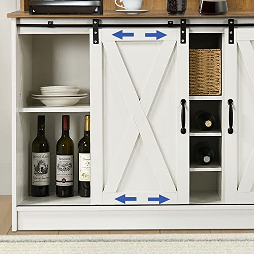 Farmhouse Coffee Wine Bar Cabinet with 6 Hooks, Sliding Barn Door, 47ββ Sideboard Buffet Cabinet with Adjustable Shelf for Kitchen, Dining Living Room, White