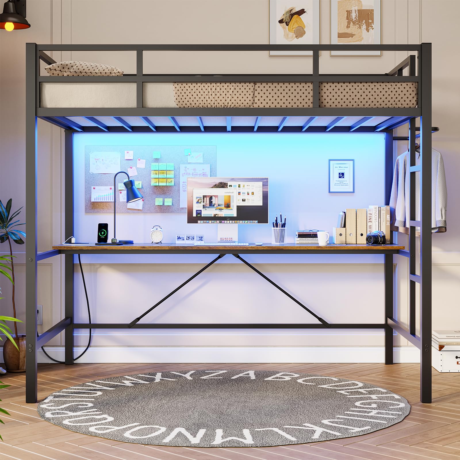 DICTAC Loft Bed Full Size with Desk and Led Lights Full Metal Loft Bed with Charging Station Full Size Metal Bed Frame with Safety Guard & Ladder, Space-Saving,No Noise,No Box Spring Needed, Black