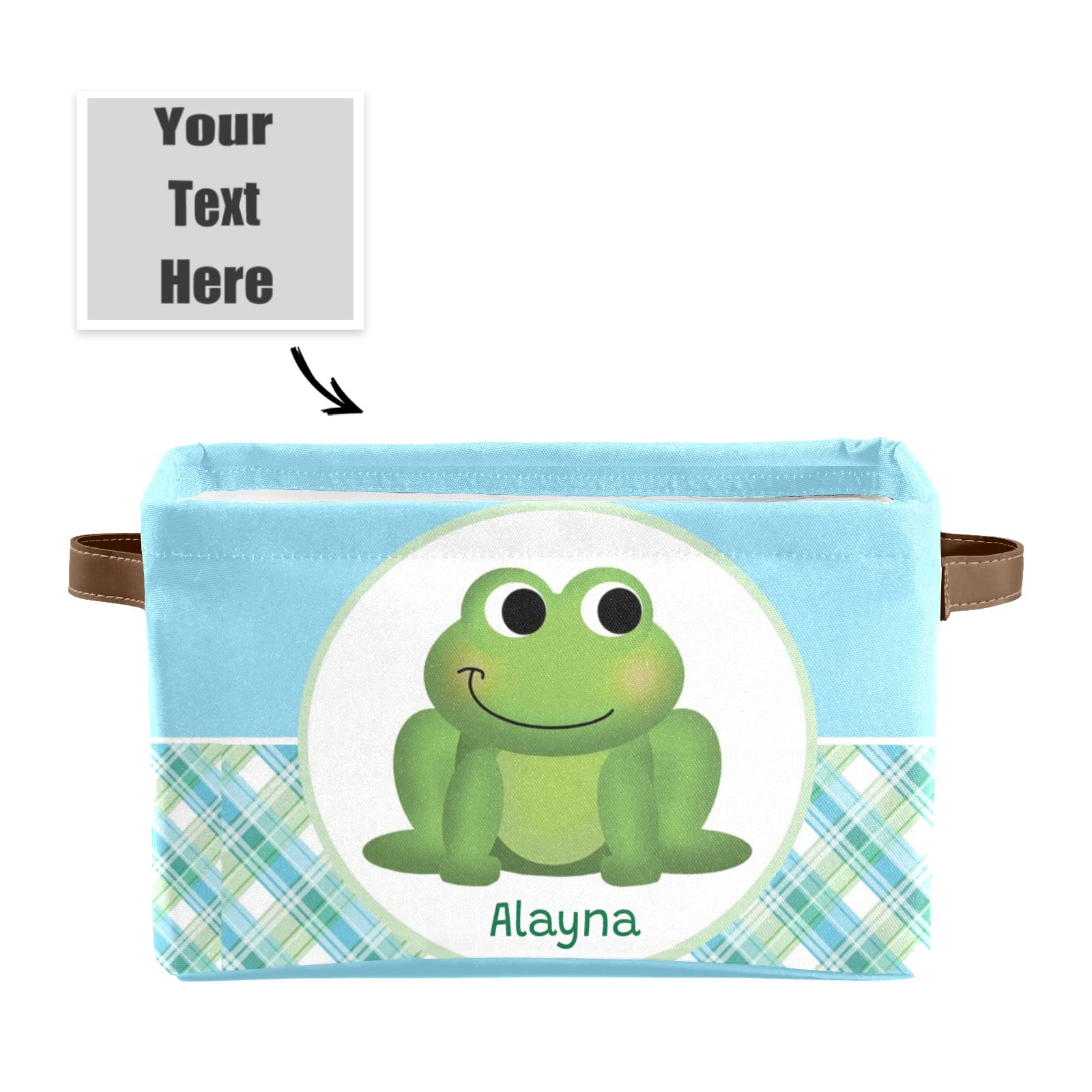 Cute Frog Green and Blue Plaid Personalized Storage Bins,Foldable Baskets Organizer with Handle for Nursery Pet Toy Clothes Box 1 Pack