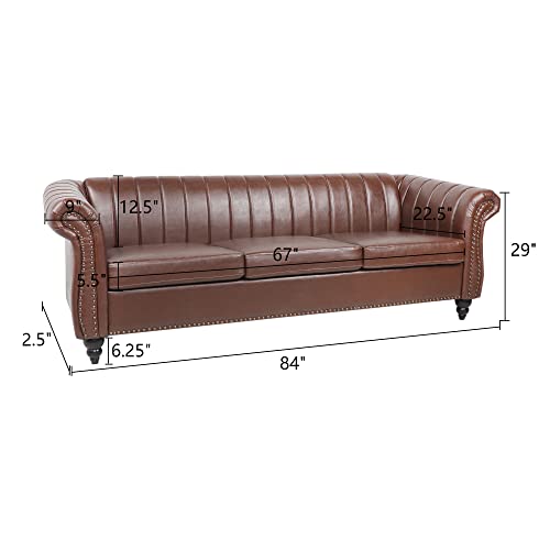 ONCIN Chesterfield Sofa for Living Room, 3 Seater Sofa Couch Faux Leather Fabric Home Seating Couch Sofa for Home Furniture (Dark Brown)