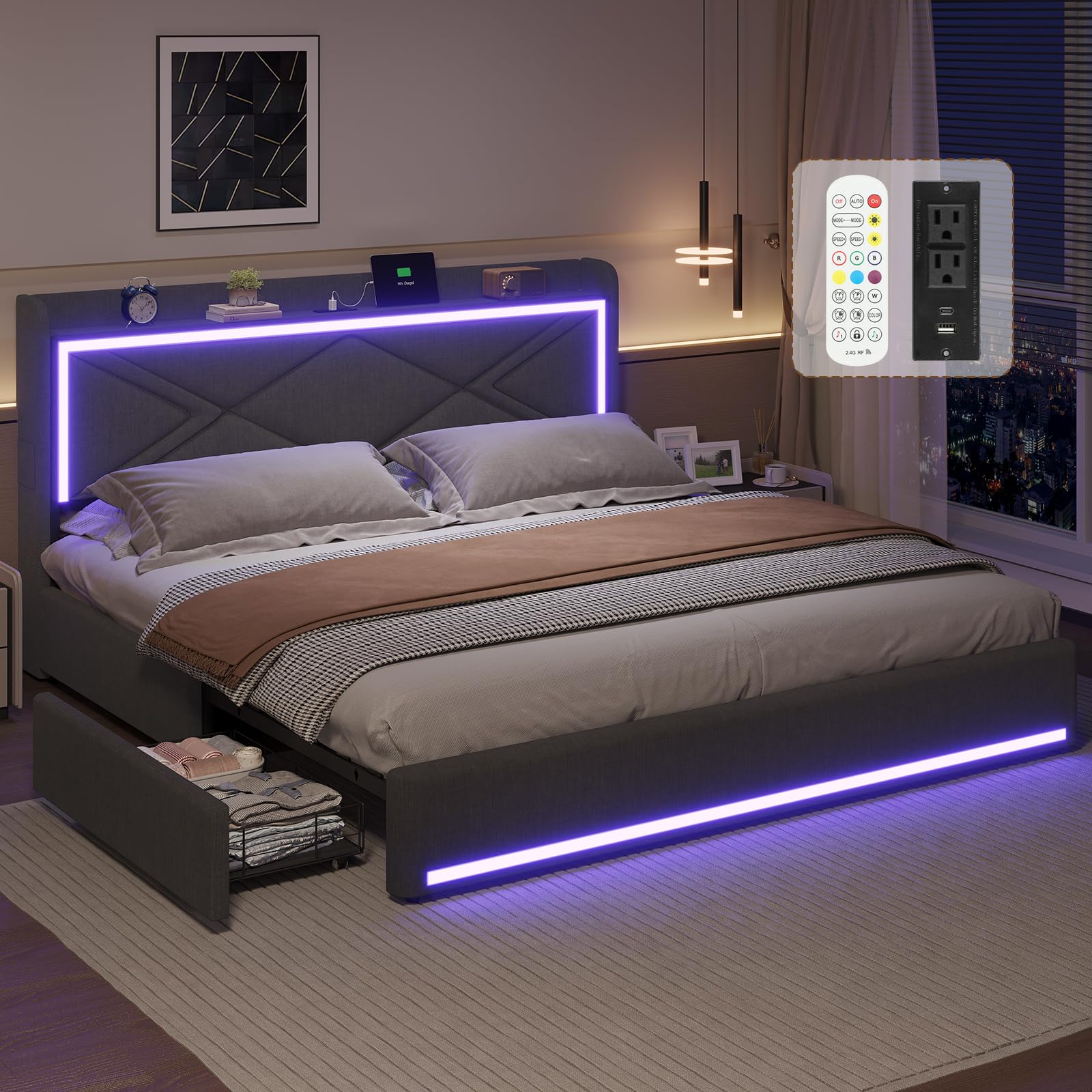 BTHFST King Bed Frame with LED Lights Headboard & USB-C/A Charging Station, Modern Upholstered King Size Platform Bed with Storage Drawers, No Box Spring Needed, Dark Gray