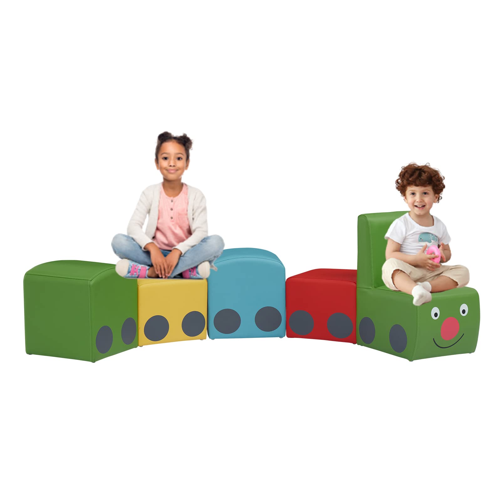 Kinsuite 5 Pcs Kids Sofa Set - Soft Foam Stool Colorful Cartoon Leather Chair for Classroom Daycares Kindergarten Nursery Train