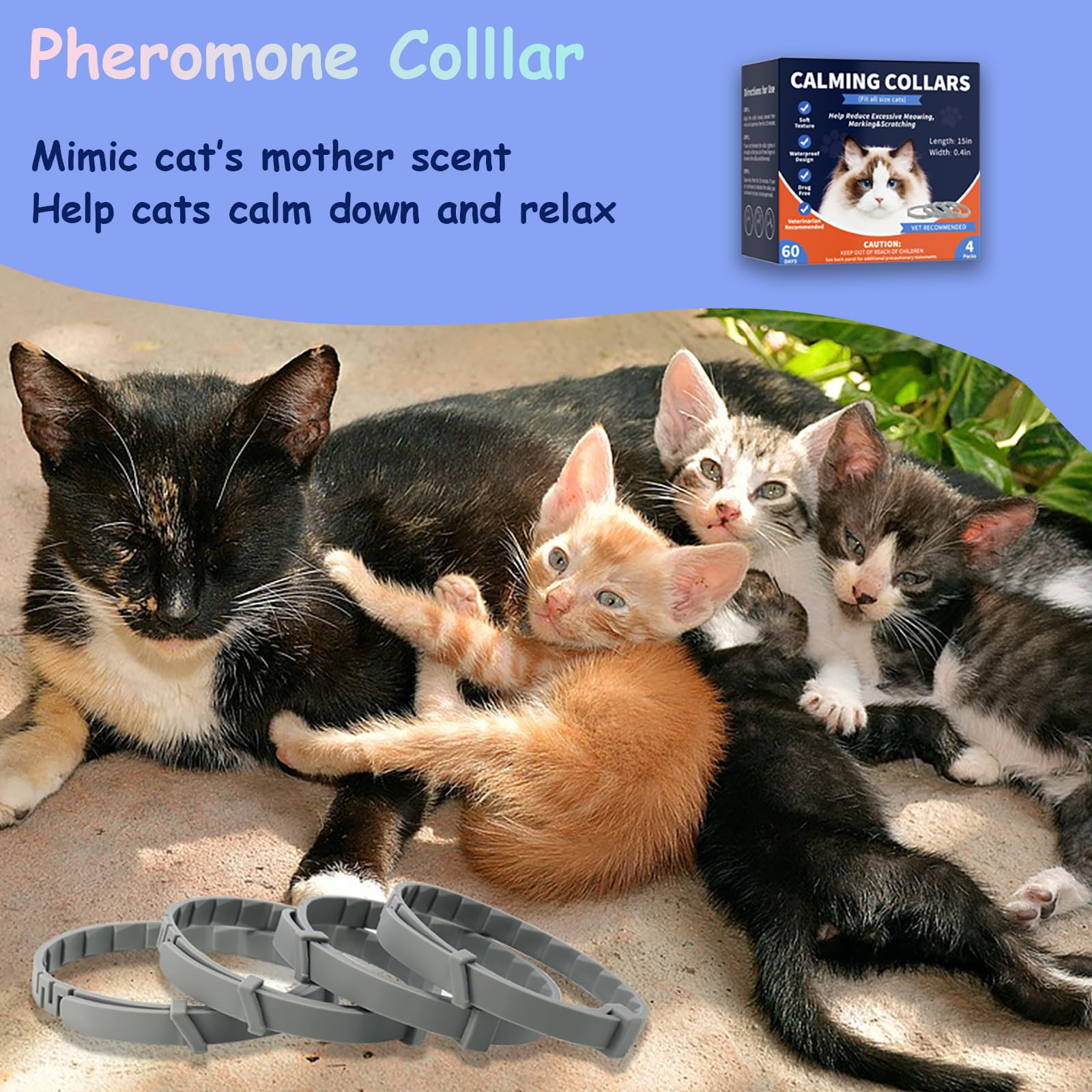 Didakay 4 Pack Calming Collar for Cats, Cat Calming Pheromones Indoor and Outdoor Activities, Natural Scent Adjustable Fit Kittens to Large Cats Relieve Stress Calming Products