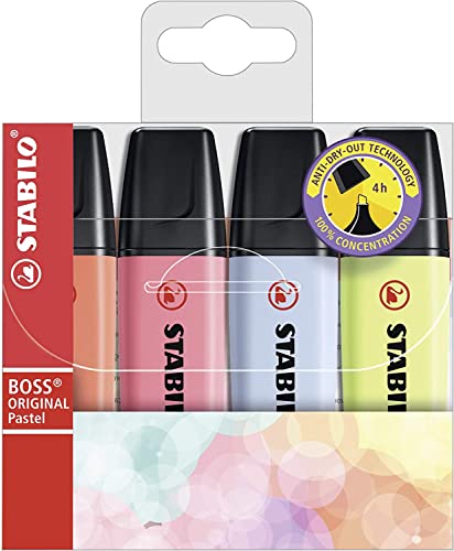 Highlighter - STABILO Boss Pastel Wallet of 4 Assorted Colours, 4 Colours - Mix 2