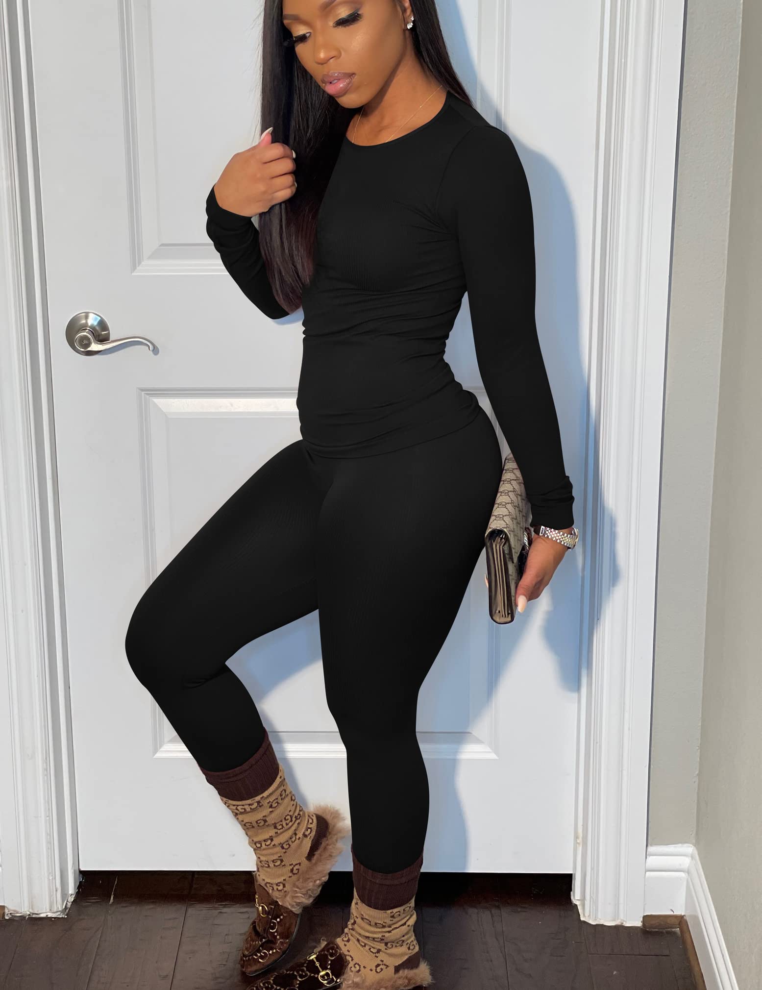BORIFLORS Women's 2 Piece Track Suits Outfits Workout Long Sleeve Top Jogger Legging Pants Sets,Large,Black