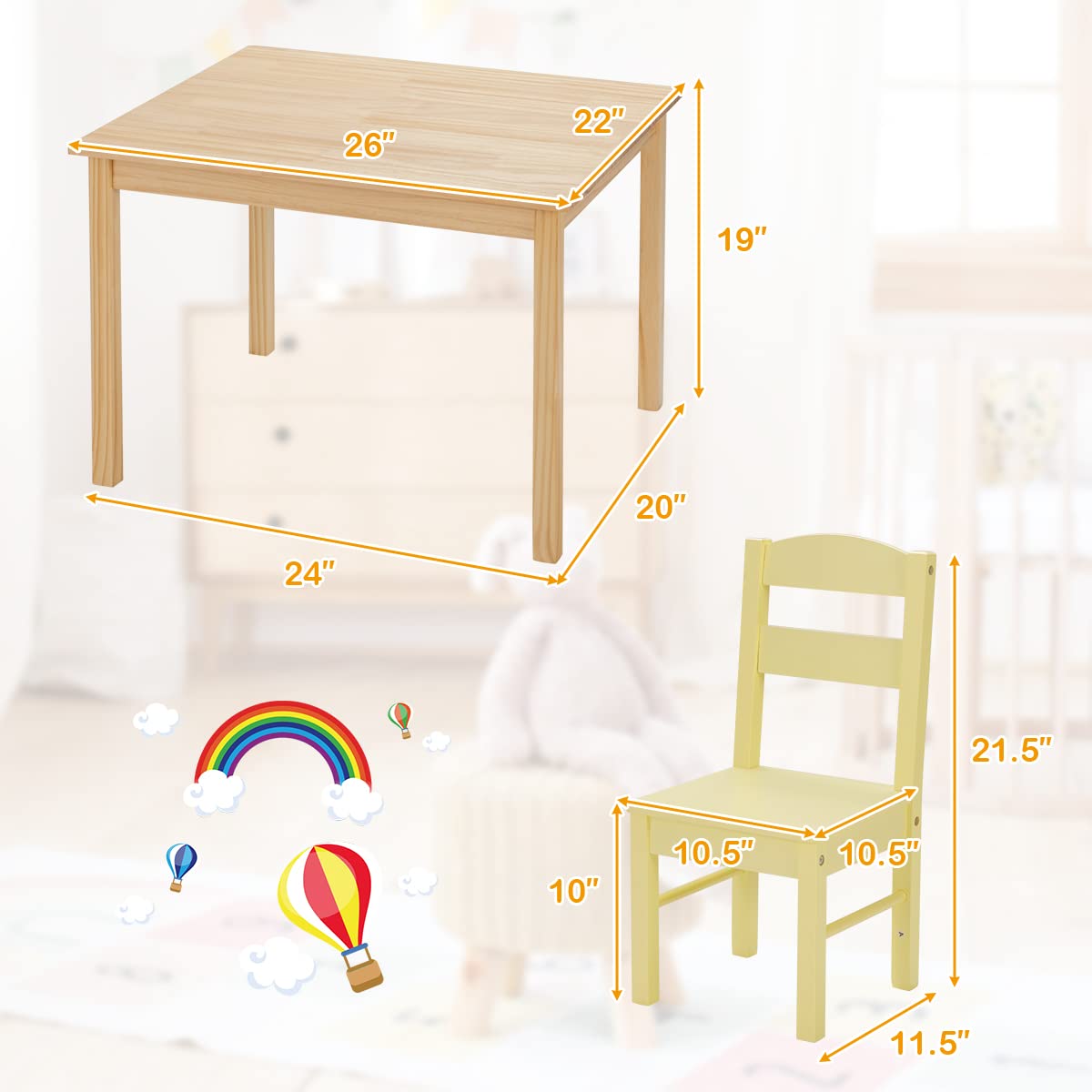 KOTEK Kids Wood Table and 4 Chair Set, Children Multi Activity Table for Learning, Playing, Drawing, Toddler Picnic Table and Chairs Set for Home, Classroom and Daycare (Assorted)