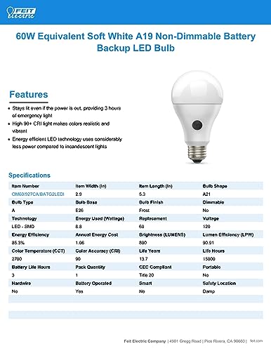 Feit Electric LED Built-in Battery Backup Intellibulb - A21 with an E26 Medium Base Light Bulb - 60W Equivalent - 15 Year Life - 800 Lumen - 2700K Soft White