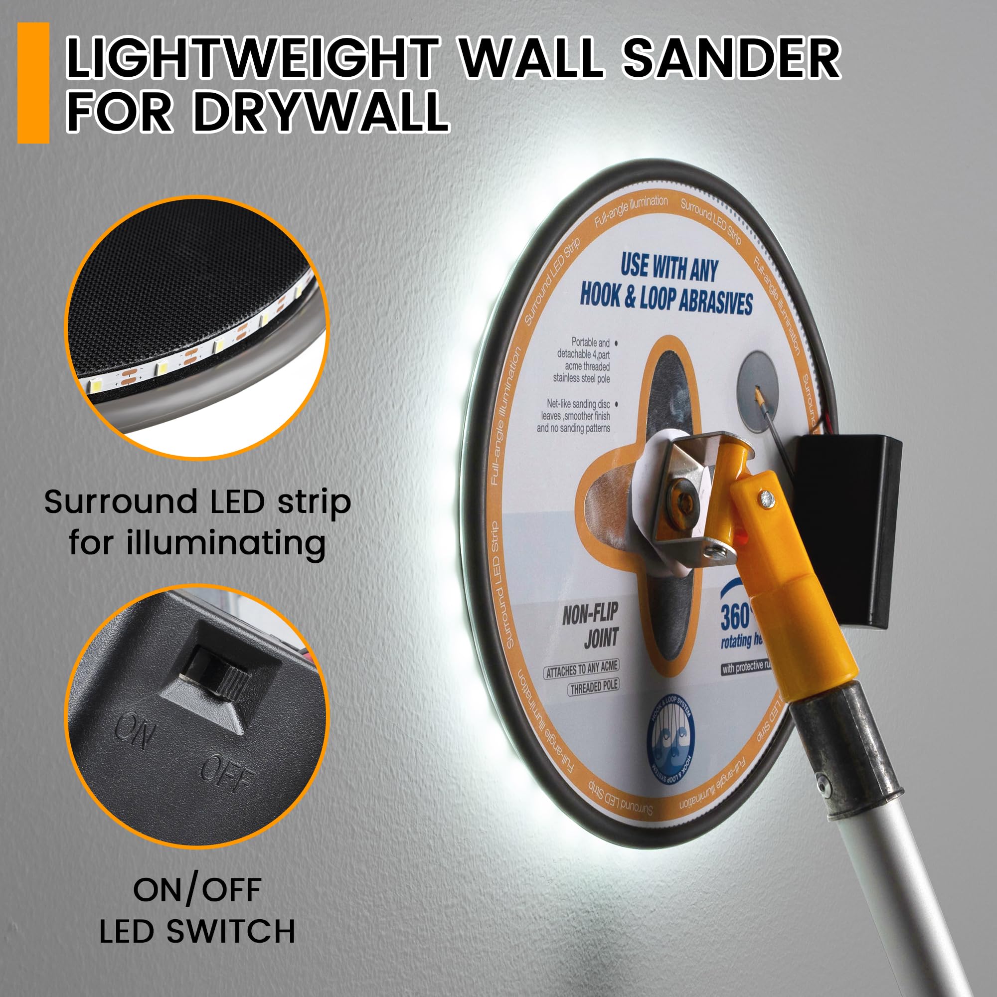 Hohean 9 Inch Drywall Sander with LED Light, Radial Sander with 360 Degree Rotary Round, Drywall Handing Pole Sander for Wall Cleaning and Polishing, Circular Ceiling Sander for Dry Wall and Painting