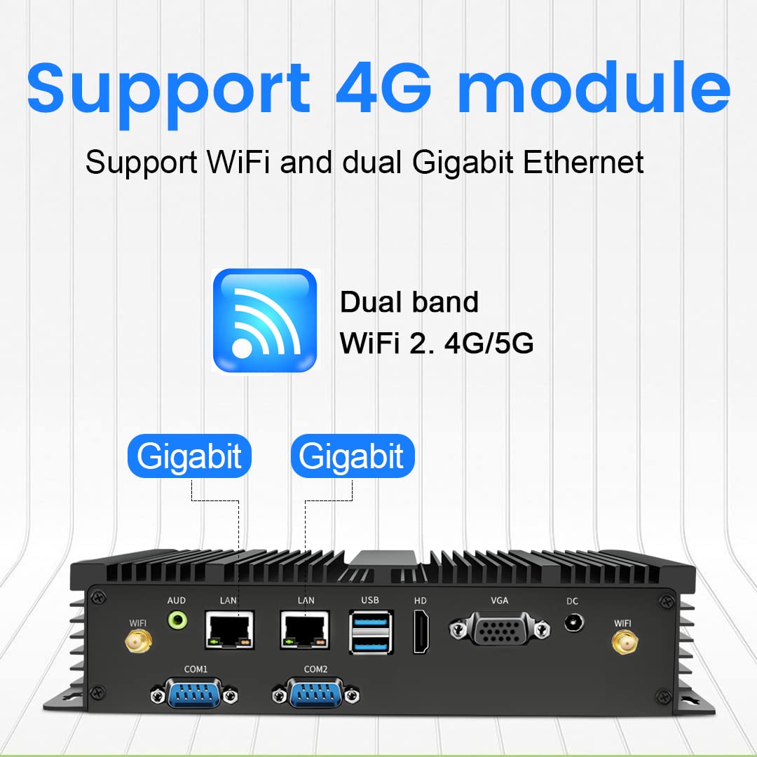 Kinupute Fanless Mini PC, Industrial Desktop Computer Core i3-5005U 2.0GHz, Windows 10 Pro, 8GB RAM, 128GB SSD, 2xNICs, 2xCOM RS232, 4xUSB 3.0, HDMI/VGA Ports, Support Auto Power On