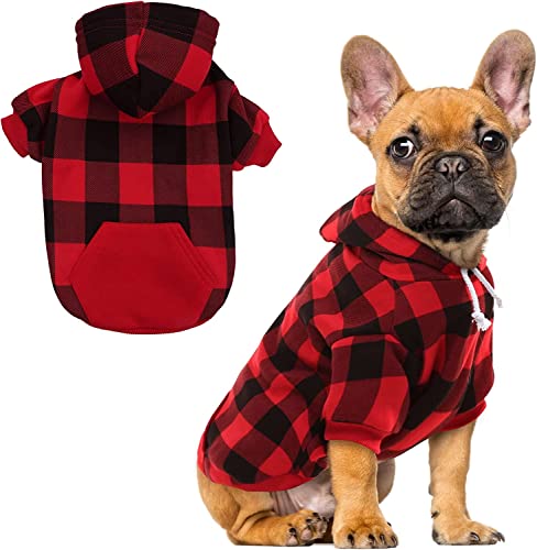 EXPAWLORER Plaid Dog Hoodie - British Style Soft and Warm Dog Sweater with Leash Hole, Hooded Cold Weather Clothes, Dog Sweatshirt, Outfits, Winter Coat for Small Medium Large Dogs