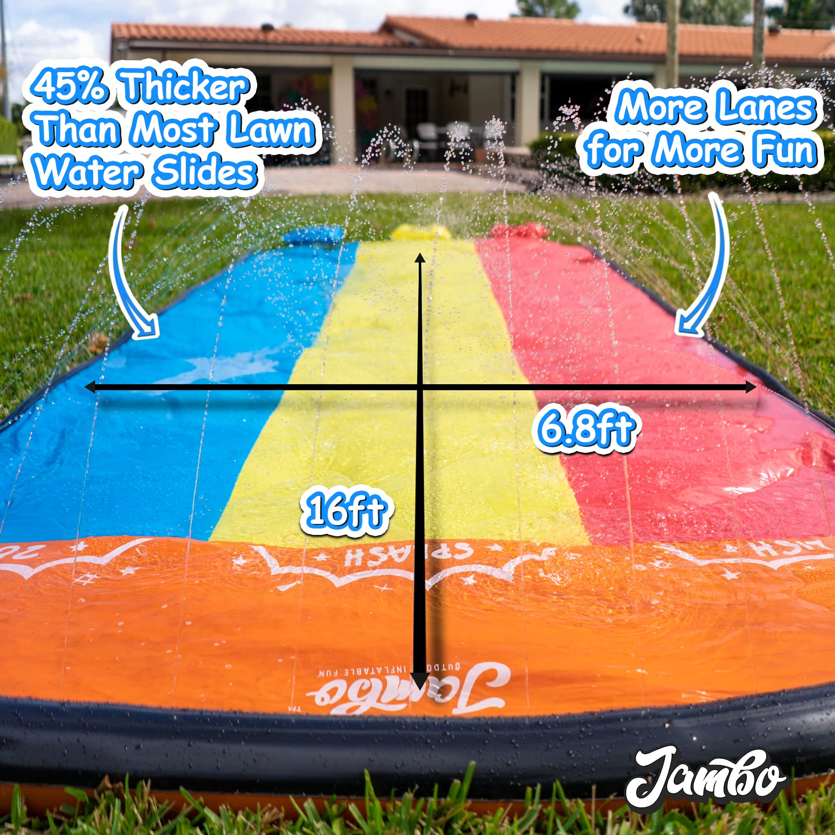 JAMBO 16Ft Premium 3 Lane Slip Splash and Slide with Bodyboards, Heavy Duty Water Slide- Advanced 3-Way Sprinkler System, Splash Mat Splash Pad Backyard Waterslide Outdoor Water Toys n Slides for Kids