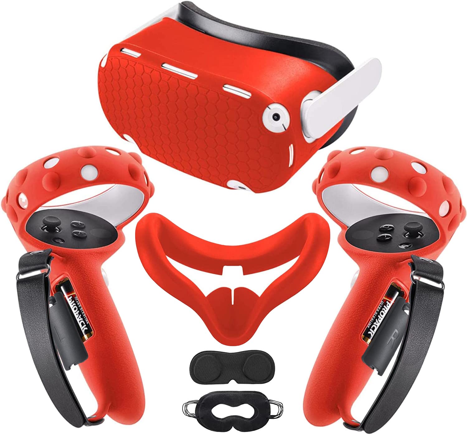 Compatible with Oculus Quest 2 Accessories | Lengthening Controller Grip Cover with Battery Opening | VR Shell Cover | Silicone face Cover | Protective Lens Cover (Red)