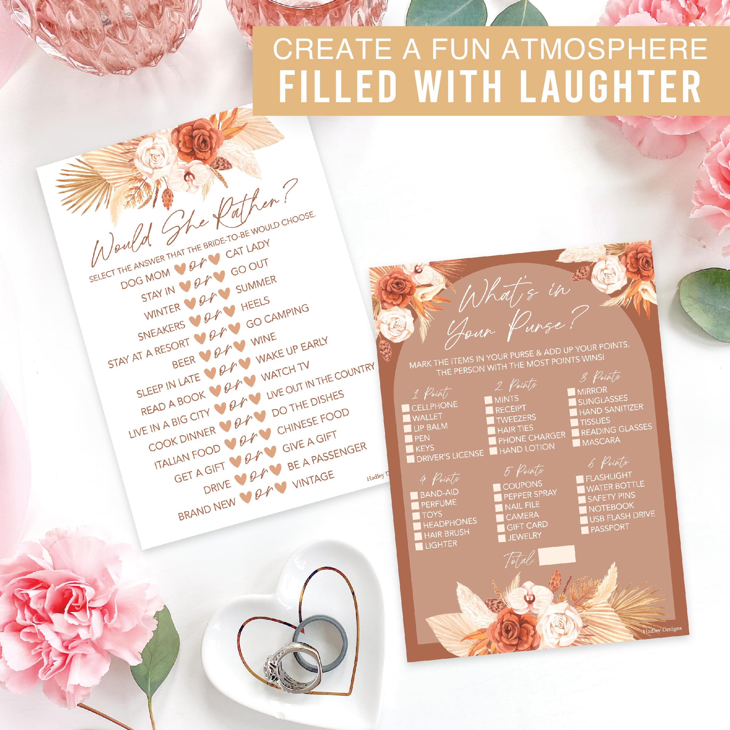 Hadley Designs 20 Boho Hilarious Bridal Shower Games For 20 Guests - Couples Wedding Shower Games, Would She Rather Bridal Shower Game Set, Whats In Your Purse Game Bridal Shower