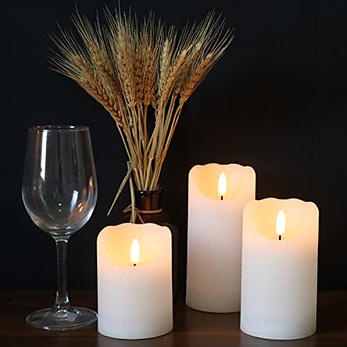 Eldnacele Flameless Flickering Candles with Remote Timer, 3D Wick Real Wax Battery Operated White Pillar Candles with Remote Set of 3 for Home Wedding Party Christmas Decoration (D3β x H4β5β6β)