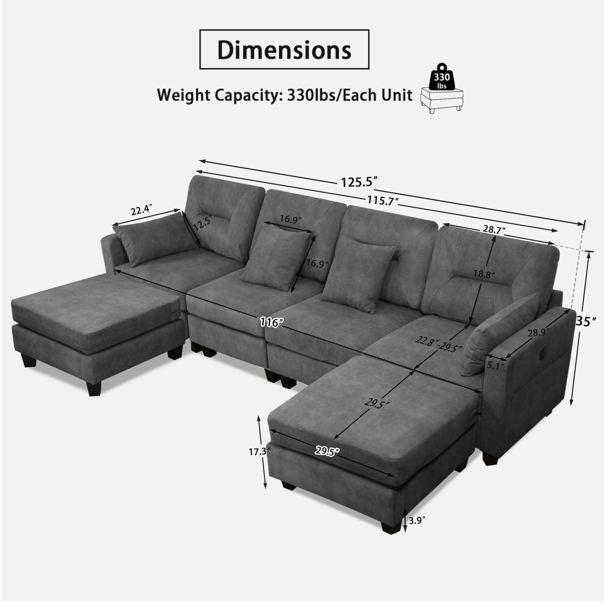DIFYHOMEY U Shaped Modular Sectional Couches with USB Ports, Oversized 125β Velvet Anti-Scratches Fabric Sectional Sofa Set with Ottoman, Lumbar Pillows for Living Room, Office