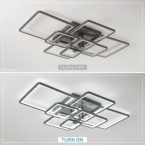 HIHIHOMY 41.7in Modern LED Ceiling Light for Living Room,120W Brown Modern Dimmable Flush Mount Led Ceiling Light Fixtures,8 Square Frame Acrylic with Remote Ceiling Lamps