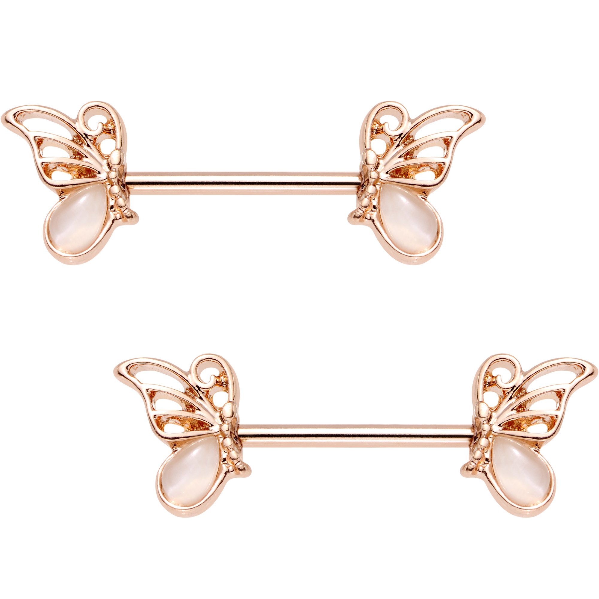 Body Candy Anodized Steel Pink Accent Butterfly Barbell Nipple Ring Set of 2 14 Gauge 15mm