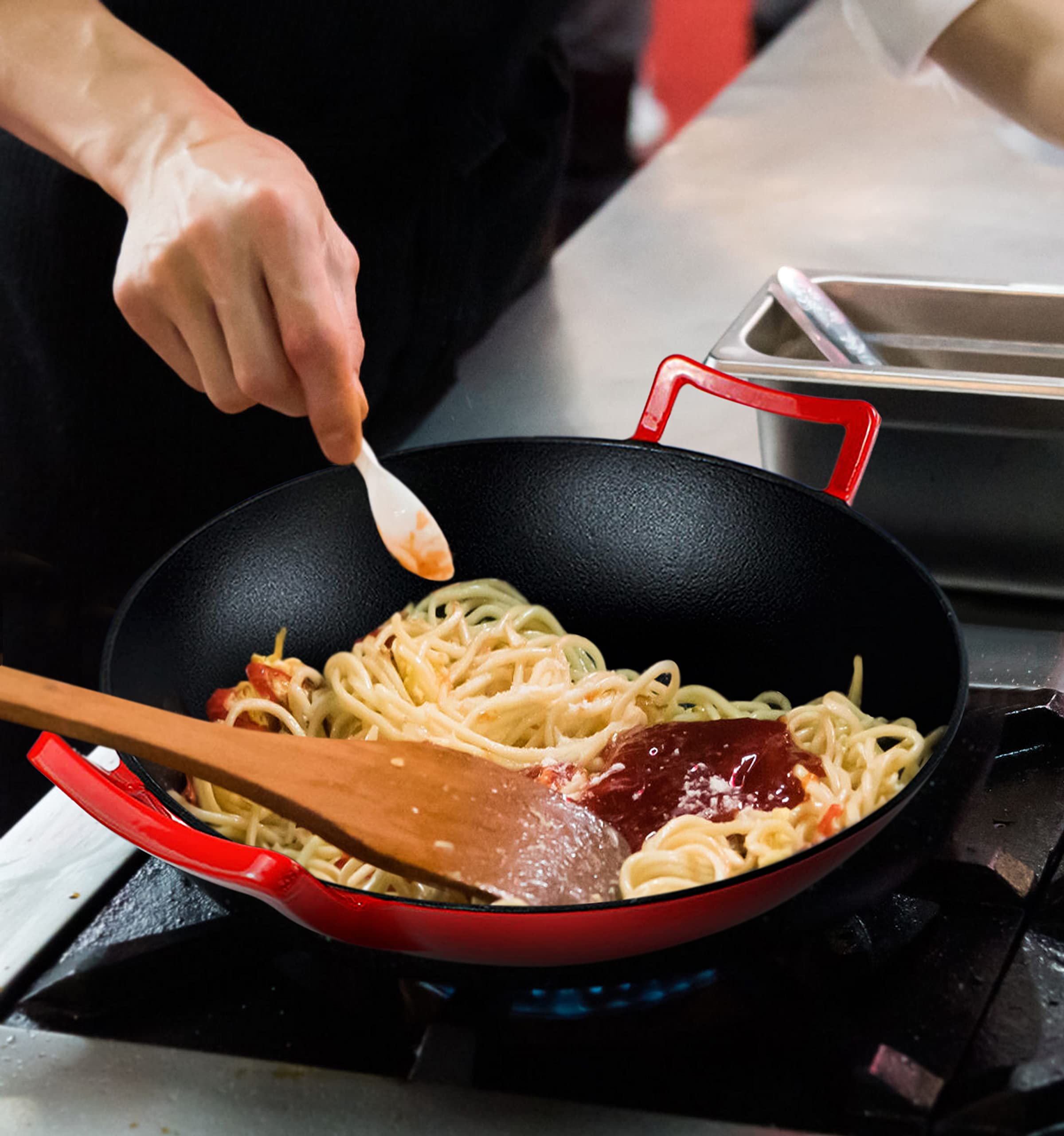 Bruntmor 14 Inch Enameled Cast Iron Wok/Pot. 14" Nonstick Enamel Skillet Pan With Large Loop Handles & Flat Base. Cookingware For Kitchen/Indoor/Outdoor Camping. (Red)