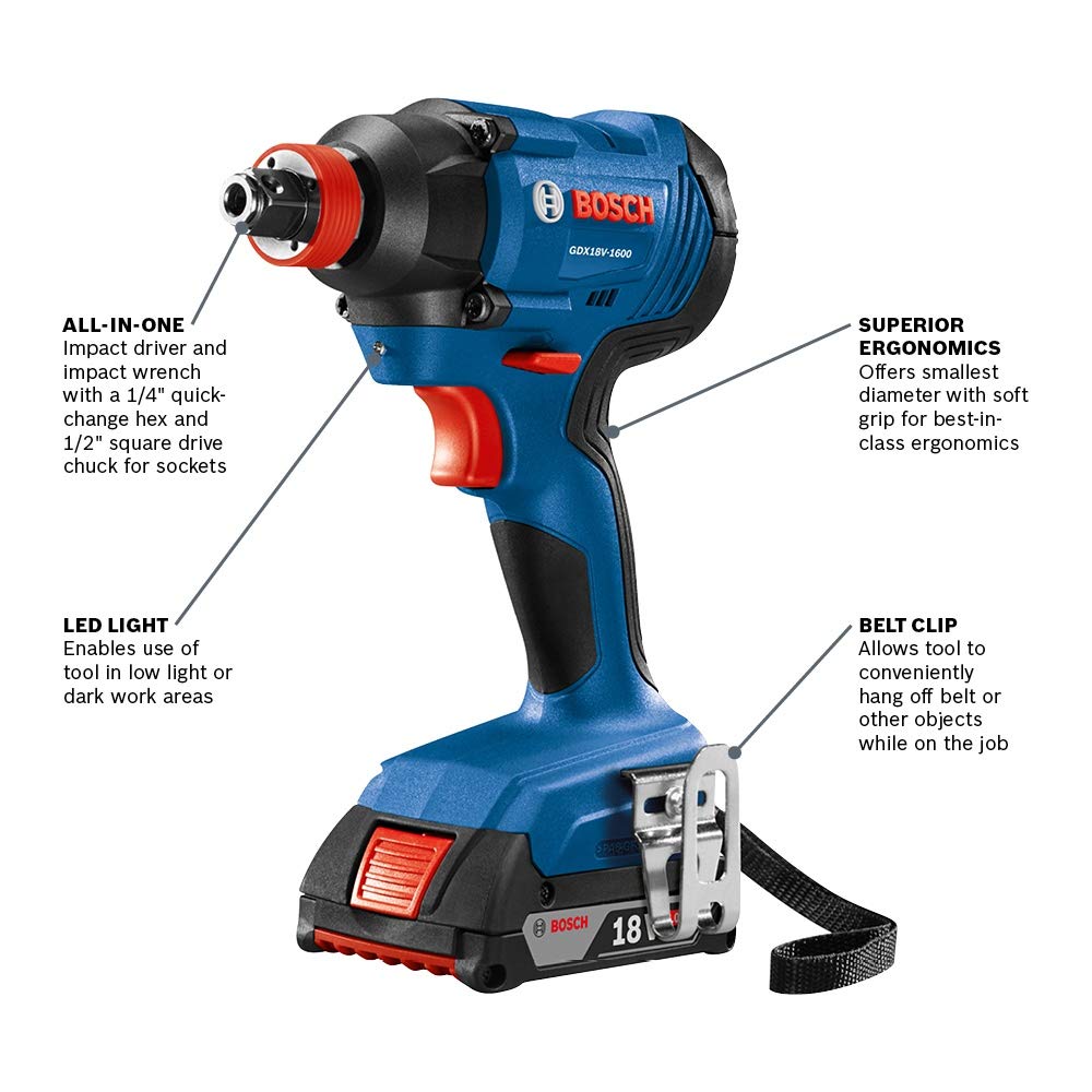 BOSCH GDX18V-1600B12 18V Freak 1/4 In. and 1/2 In. Two-In-One Bit/Socket Impact Driver KitwithBOSCH ITBHQC201 2 1/4", Impact Tough Quick Change Bit Holder