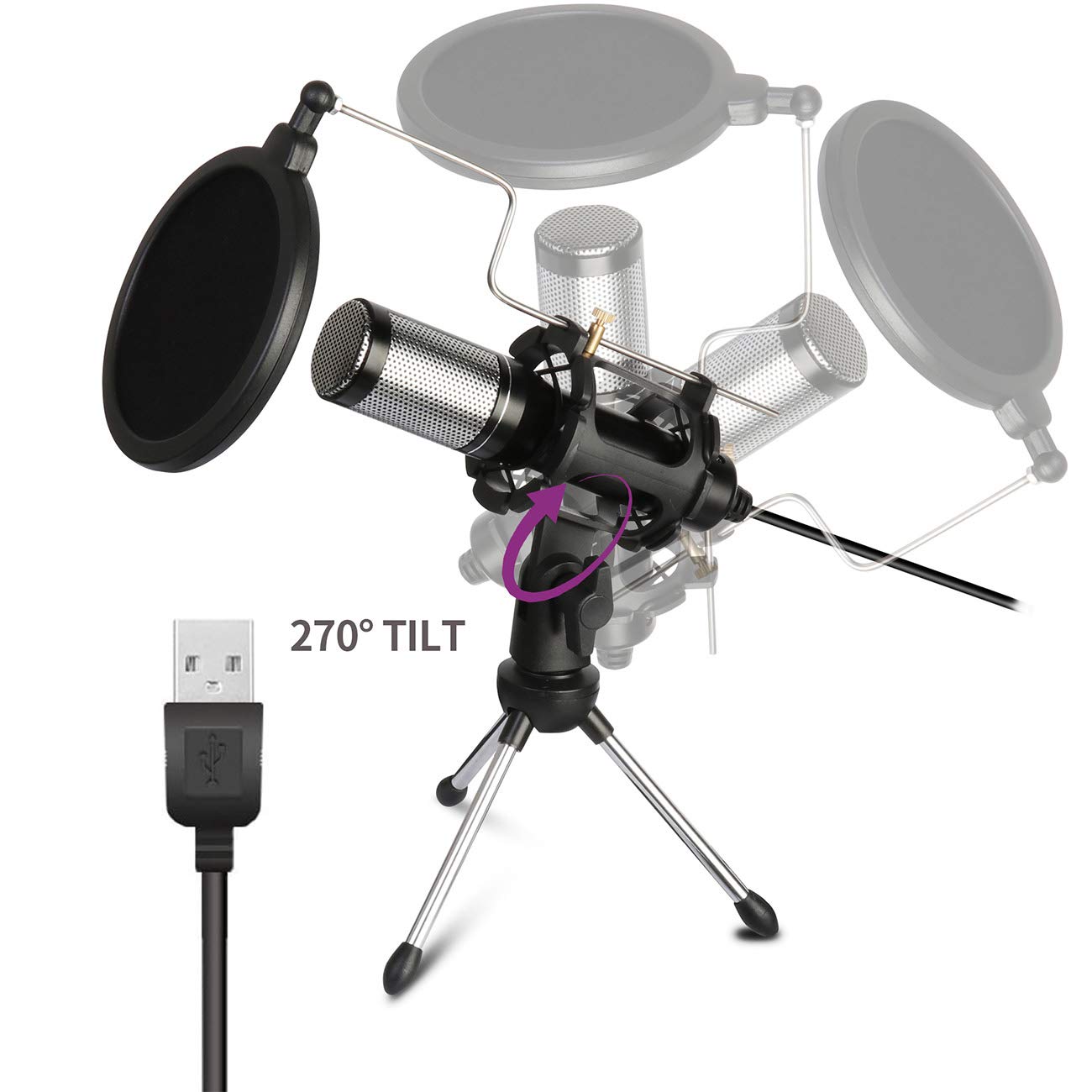 Bomaite Professional Microphone Condenser for Computer PC with USB Plug Stand YouTube Facebook Skype Games Broadcasting Recording Microphone Karaoke Mic