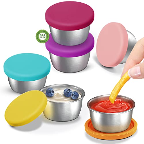 GDDGCUO Salad Dressing Container To Go, 1.7 oz Condiment Container with Lids, Sauce Containers for Lunch Box, Leakproof Silicone Lid, Easy Open, 304 Stainless Steel Small Dipping Sauce Cups (6 pk)
