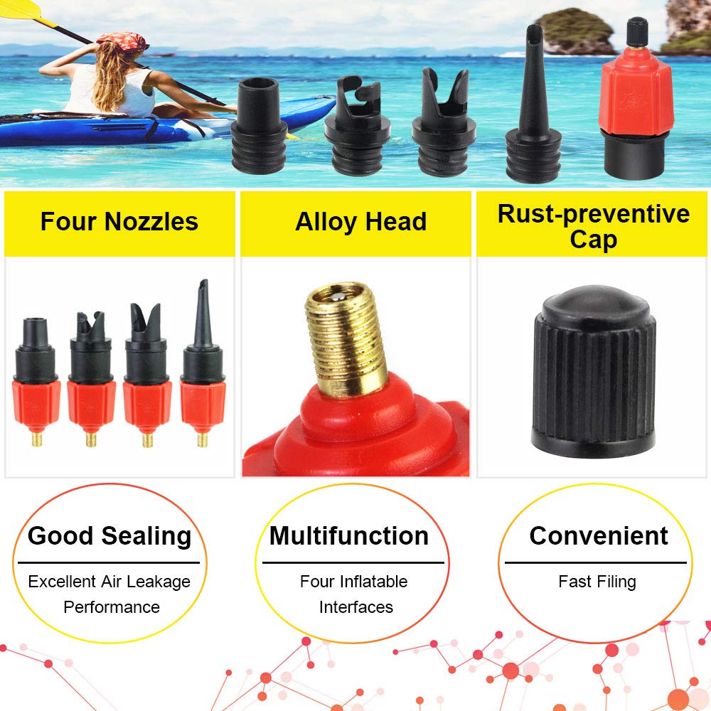 BUZIFU Air Pump Valve Multifunction Inflatable Schrader Valve Adapter SUP Pump Adaptor Air Valve Converter with 4 Standard Conventional Air Valve Nozzles for Inflatable Boat Bed Stand Up Paddle Board