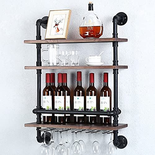 HAOVON Industrial Pipe Shelf Wine Rack Wall Mounted with 5 Stem Glass Holder,3-Tiers Rustic Floating Bar Shelves Wine Shelf,24in Real Wood Shelves Wall Shelf Unit,Pipe Shelving Glass Rack