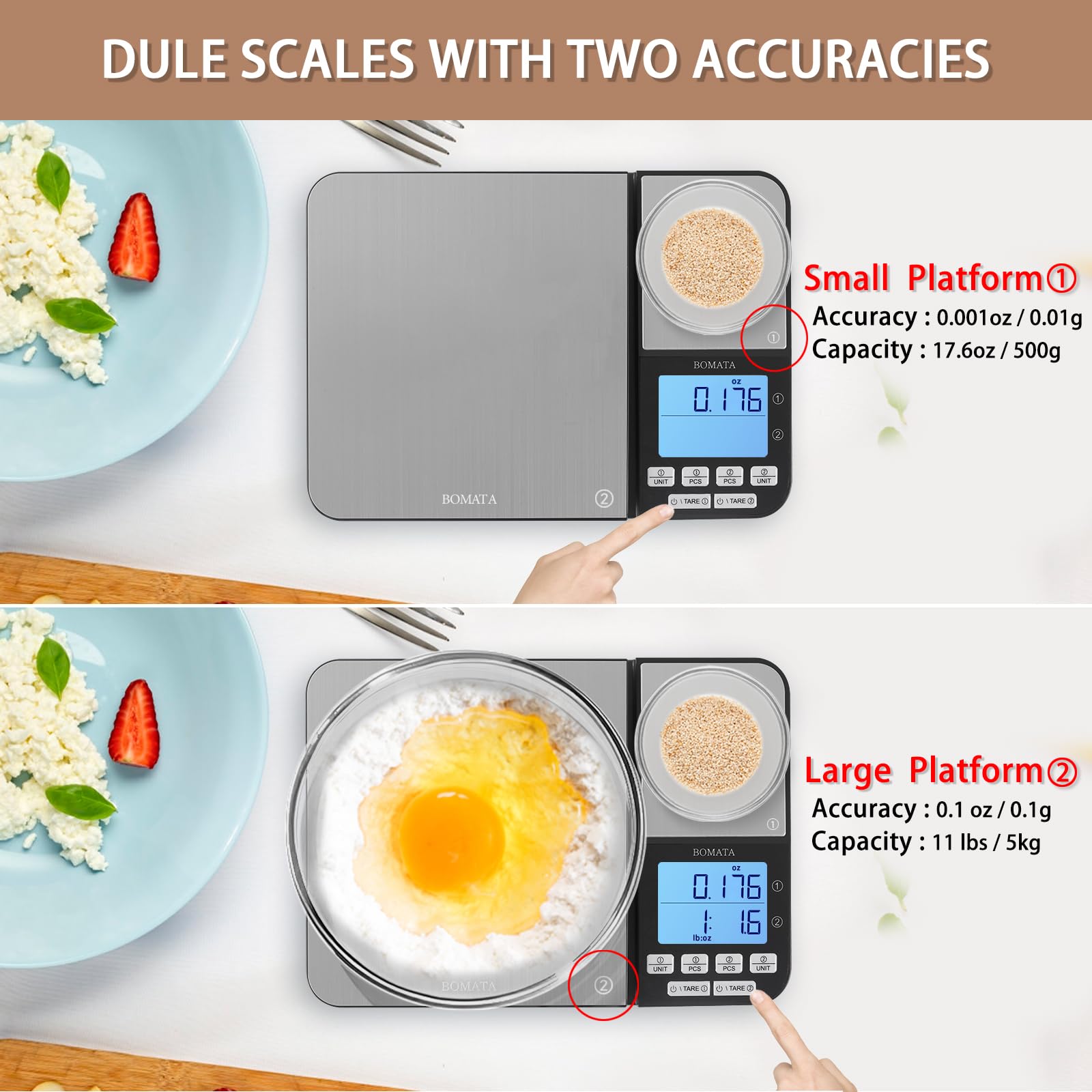 BOMATA Dual Platform Digital Kitchen Scale with Two Precision 0.1g & 0.01g/0.001oz, Max Capacity 11lb/5kg,Tare Function, Units Conversions, Dual-line LCD with Backlit, Stainless Steel, Black