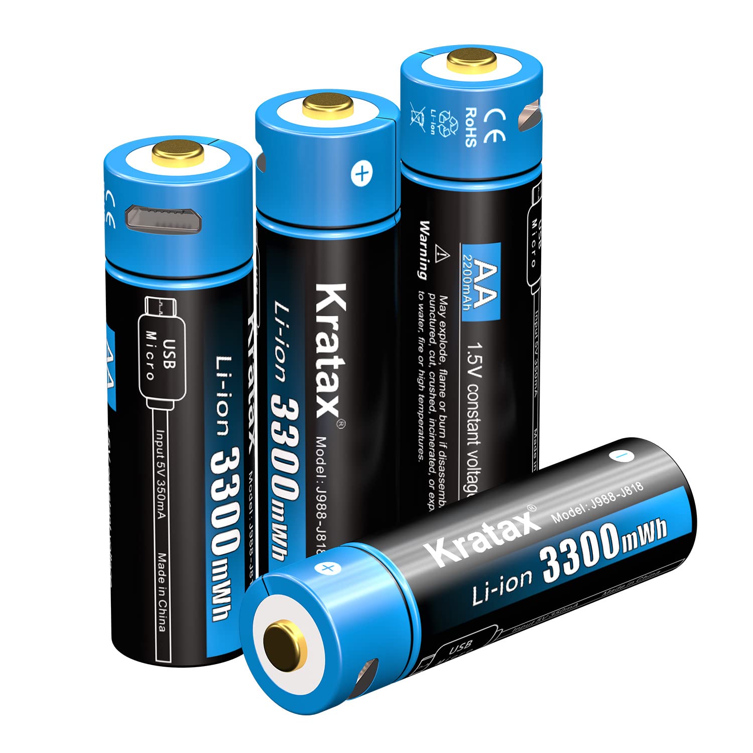 Kratax Rechargeable AA Batteries USB, 3300mWh Lithium USB Double A Batteries, 1.5V Constant Outpout, 4-in-1 USB Charging Cable, LED Charge Indicator, Over 1100 Cycles for Toys, Xbox Controller-4 Pack