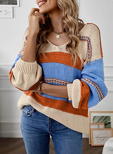 EVALESS Womens Long Sleeve V Neck Knit Striped Fall Winter Sweaters Pullover 2023 Oversized Chunky Color Block Casual Loose Cropped Tops,Orange M