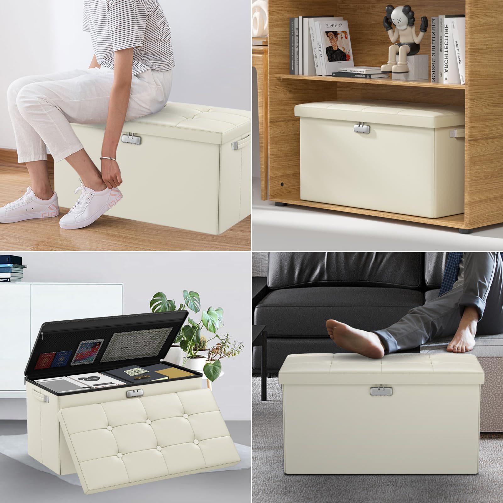 ENGPOW Storage Ottoman with Lock,Fireproof & Waterproof Folding Ottoman Storage Stool Storage Chest with Handle & Zippers Safe for Living Room, Bedroom, Home Office,Dorm,17"x 13"x 13",Beige