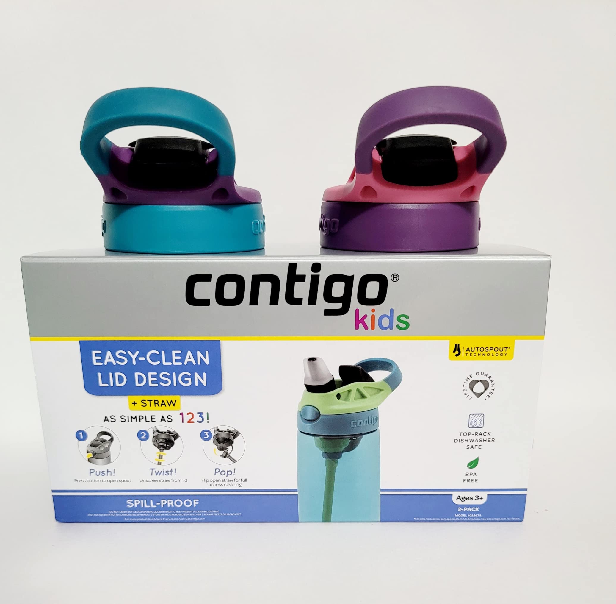 Contigo Kids Water Bottle, 14 oz with Autospout Technology – Spill Proof, Easy-Clean Lid Design – Ages 3 Plus, Top Rack Dishwasher Safe,2-PK Purple, Pink, Blue