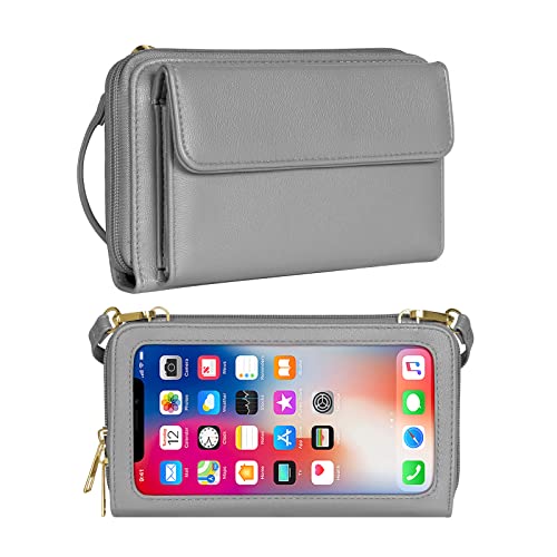 Crossbody Cell Phone Bags for Women, Touch Screen Bag RFID Blocking, CellPhone PU Leather Wallet Purse, Shoulder Handbag with Credit Card Slots,Gray