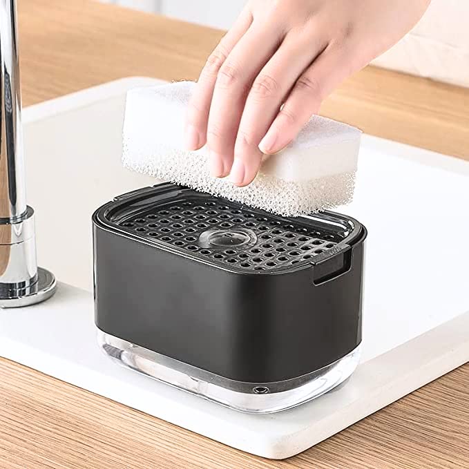 Dish Soap Dispenser | Dishwashing Soap Dispenser | Sponge Holder for Kitchen Sink | Dish Soap Dispenser with Sponge Holder | Hand Single Press Easy Use Capacity (Black)