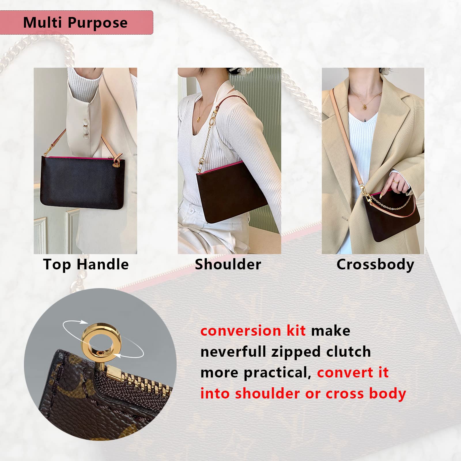 Crossbody Conversion Kit for Neverfull Pouch, Purse Insert Organizer Compatible with LV Neverfull MM GM Pouch, Convert Tote Inner Pochette Into A Crossbody (Beige)