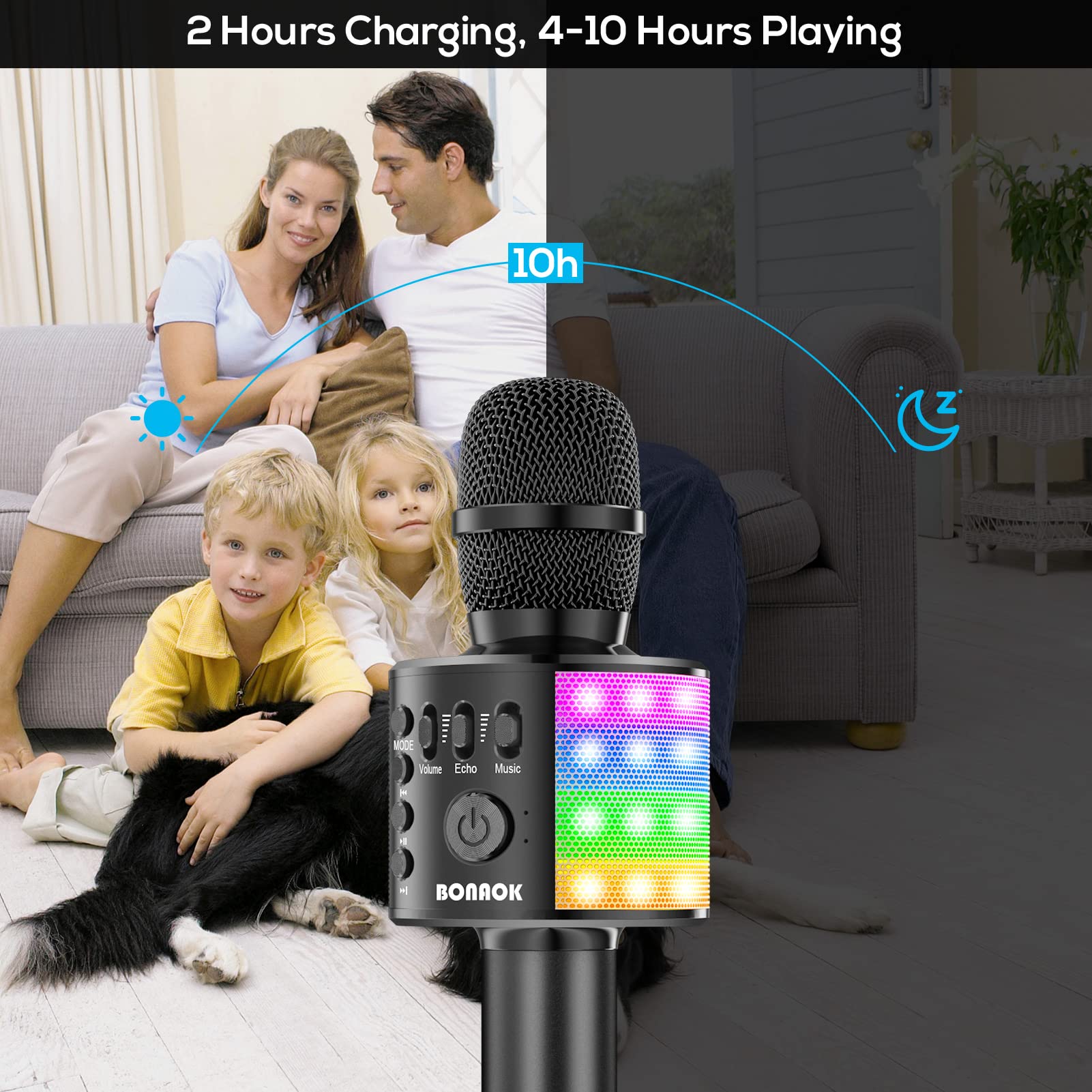 BONAOK Karaoke Microphone for Kids Adults Wireless Mic with Bluetooth Speaker Rechargeable Portable Handheld Echo Microphones with Disco Light for Party Home Outdoor Speaking Singing,Q37L (Black)