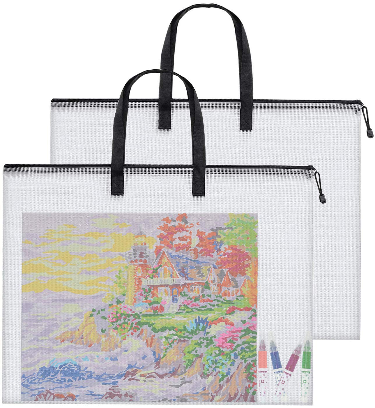 GREBSTK 2 Piece Large Posters Art Portfolio Bag 28 x 20 Inch Poster Storage Bag Board Holder with Handle and Zipper Organizer Transparent Bag for Posters, Poster Board, Painting, Bulletin Boards