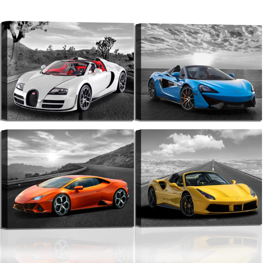 Car Wall Art Car Poster Framed Canvas Wall Art for Bedroom Living Room Boys Bedrooom Man Cave Room Decor Framed Canvas Print Farmhouse Decor Lamborghini Mclaren Posters 4 Pieces