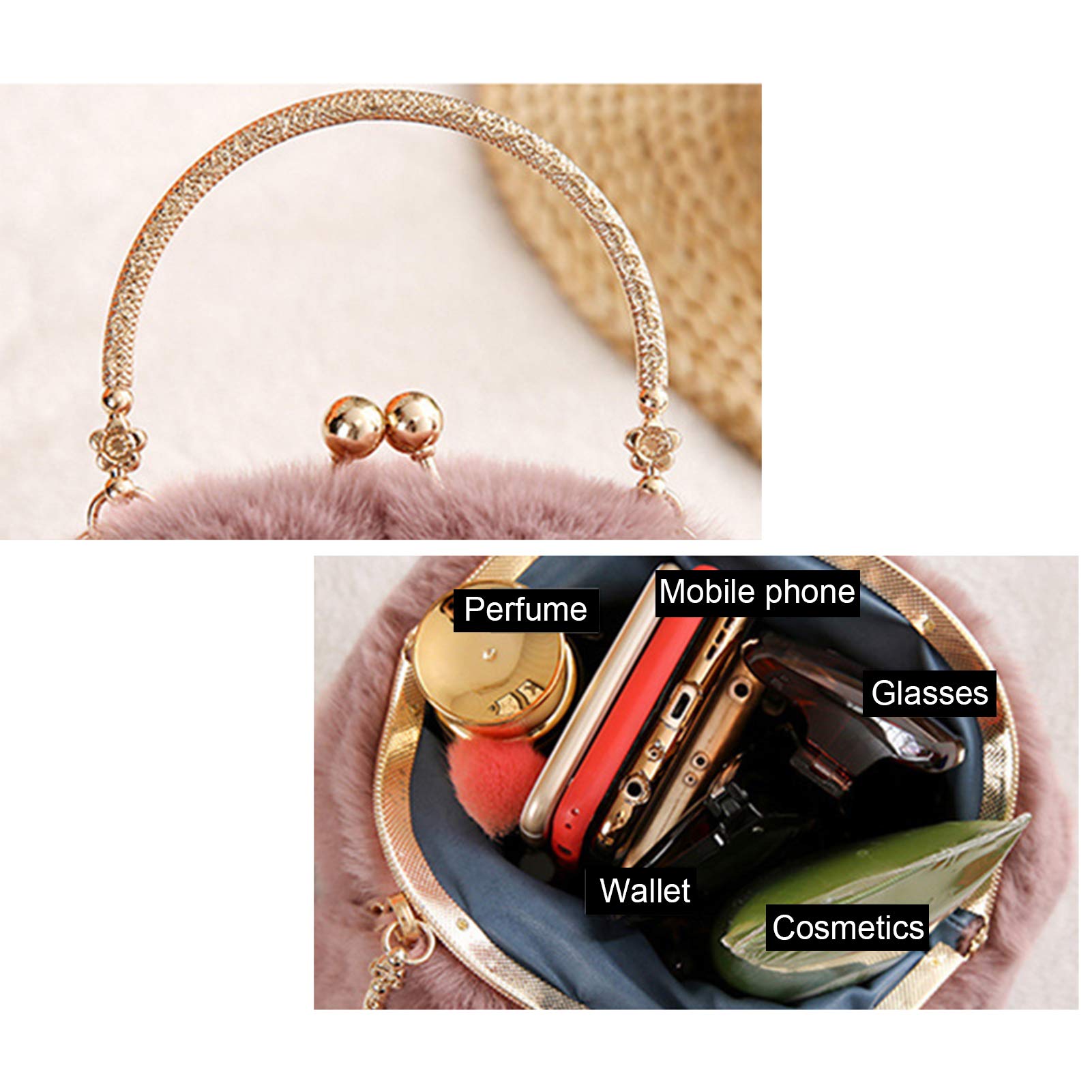 Cute Rabbit Ear Plush Bags for Women, Bunny Ear Chain Crossbody Bags (Pink)
