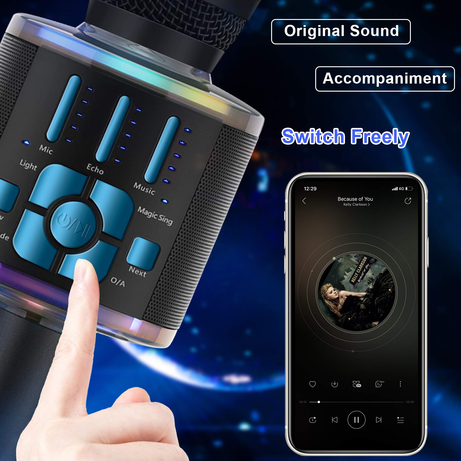 BONAOK Wireless Bluetooth Karaoke Microphone with Magic Voice, Portable Handheld Mic and Speaker Machine for Home Party Birthday PC/All Smartphones D30(Blue)
