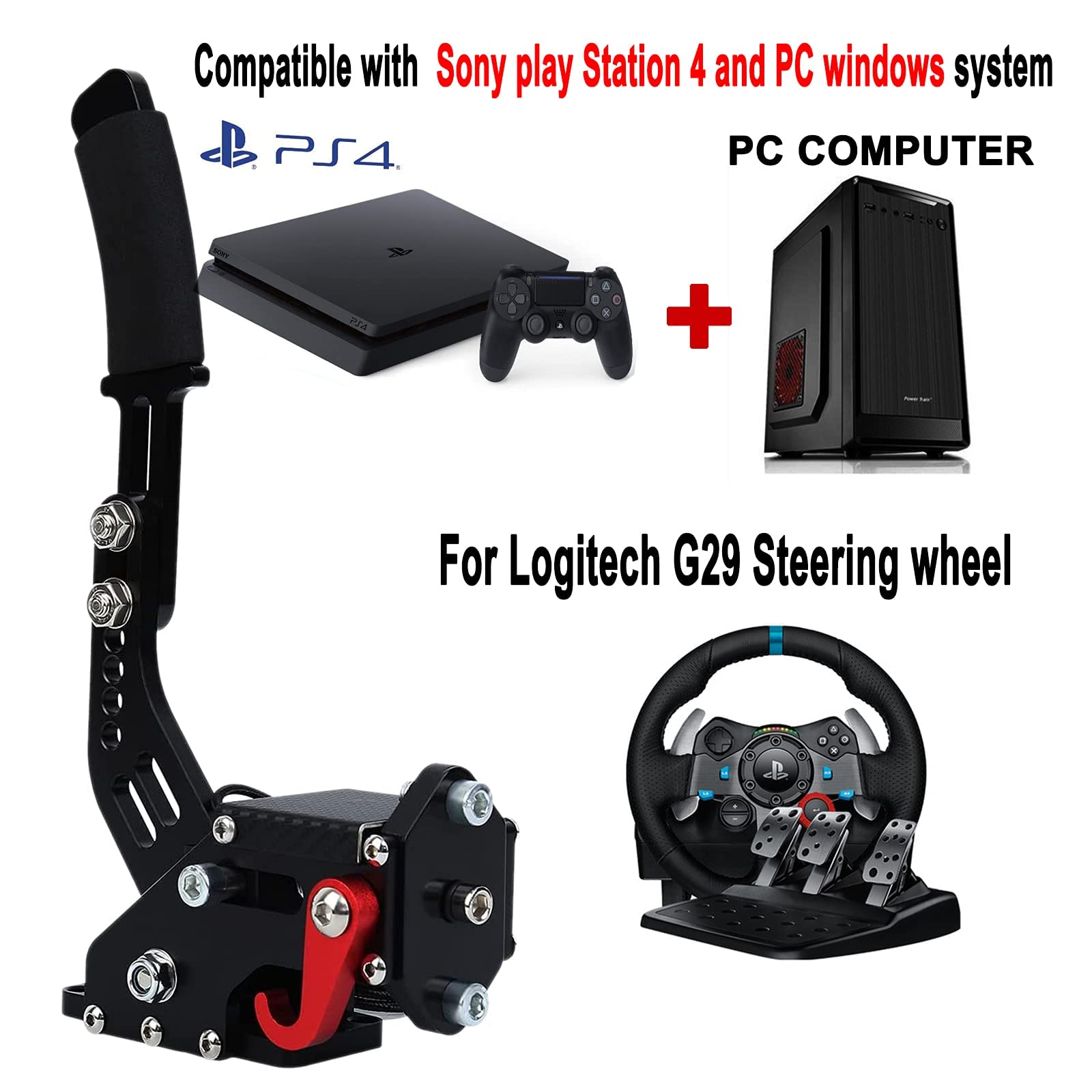 Obokidly Upgrade 2-IN-1 USB Handbrake Support G27/G29/G920 Compatible With PS4/PS5 + PC For Simracing Game Sim Rig With Clamp (Support G29 With Clamp, Black)