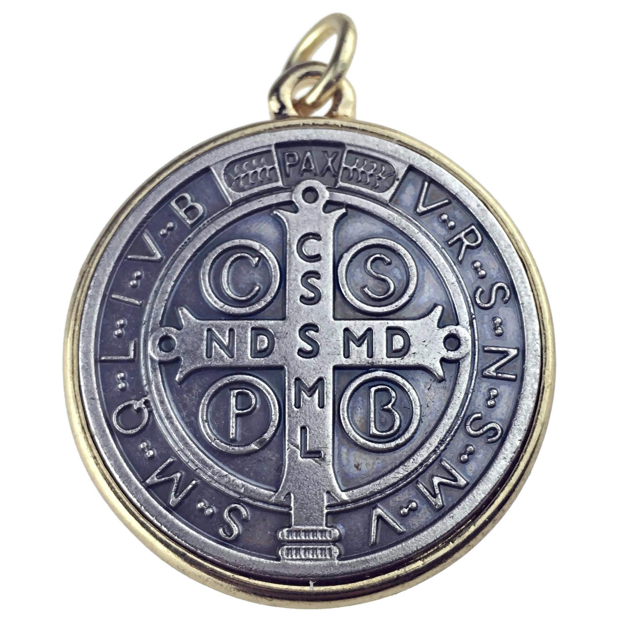 Bling Cartel Medalla De San Benito Saint St Benedict Two Tone Medallion Antiqued Silver & Gold Finish 35mm Medal