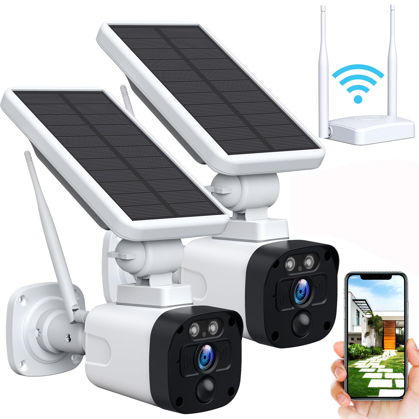 CAMBLINK 4MP Wireless Solar Security Camera System Outdoor WiFi 2 Pack, Solar Camera Outdoor Wireless with Base for Home Security, Night Vision PIR Motion Detection 2-Way Audio App Alert Waterproof