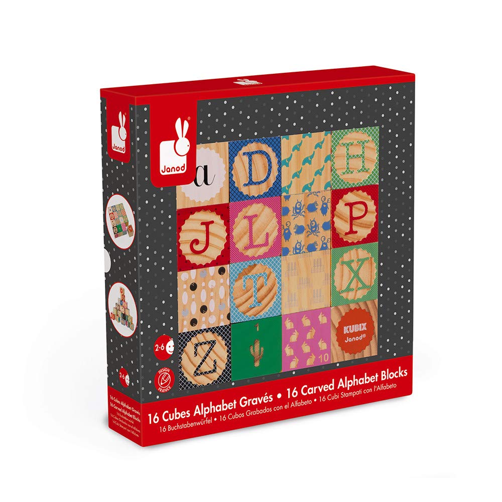 Janod Kubix 16 Wooden Alphabet and Numbers Blocks - Ages 2+ - J08078