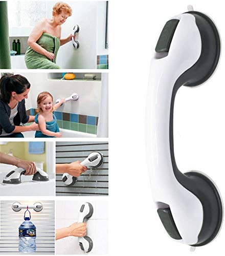 FChome 2 pcs Shower Wall Suction Cup Grab Bars with 4 pcs Self-Adhesive Hooks, Bathroom Balance Bar-12 Inch Shower Handle Bar Offers Safe Grip with Strong Hold Suction Cup for Safety Grip Grab,Gray.