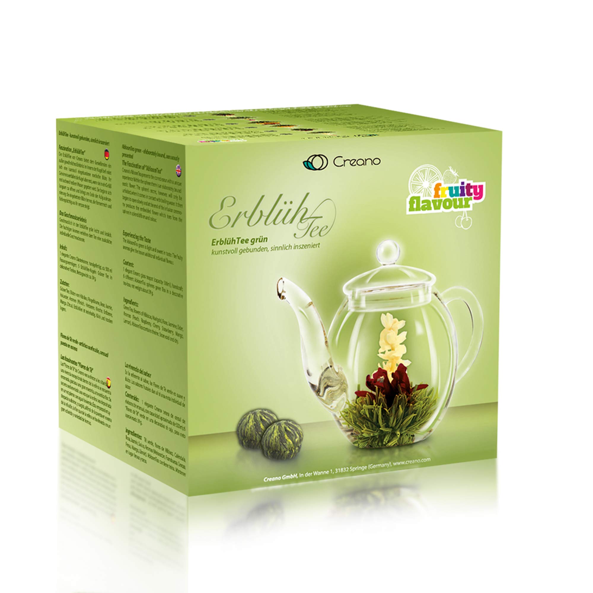 Creano Blooming Tea Gift Set with Glass Teapot 17oz (500ml) - Green Tea Fruity Flavoured Tea Flowers in 6 Varieties - Flowering Tea Gift for Easter