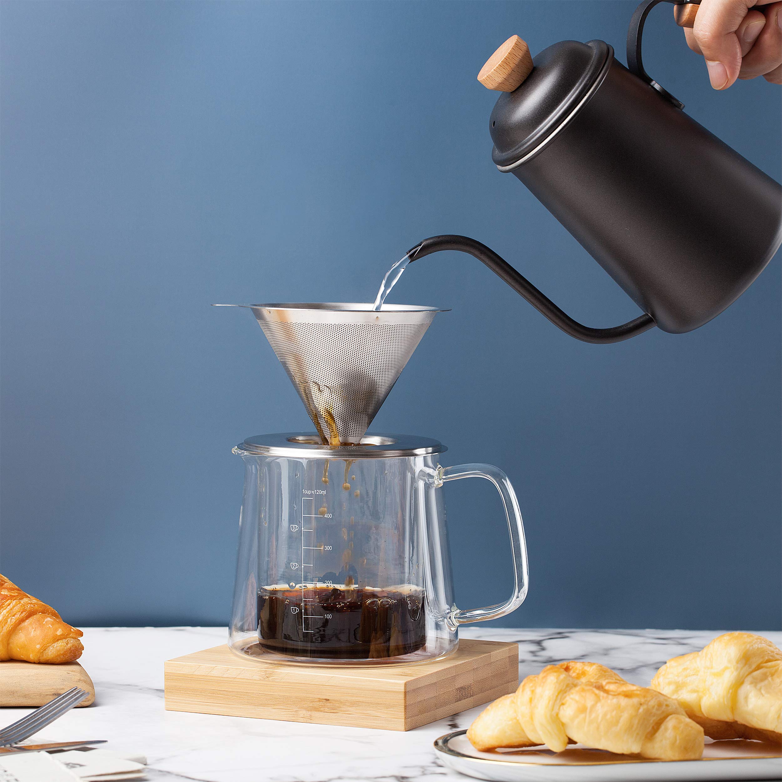 BTaT- Pour Over Coffee Maker, Double Wall Glass, 16 oz, with Stainless Steel Permanent Filter, Pour Over Coffee, Coffee Maker, Pour Over Coffee Maker Set, Drip Coffee Maker, Coffee Dripper Set