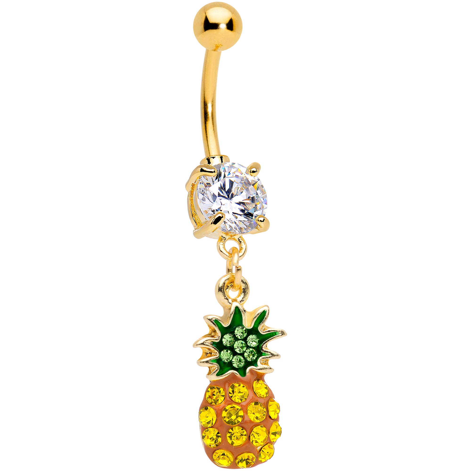 Body Candy Plated Steel Navel Ring Piercing Orange Green Accent Tropical Pineapple Dangle Belly Button Ring